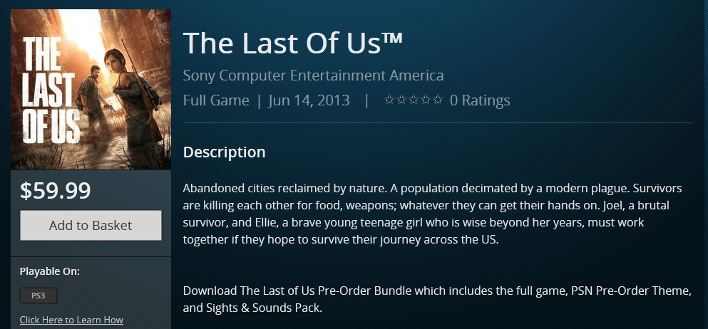 The Last of Us PlayStation Store Pre-Order ad up Now, Game Costs $59.99