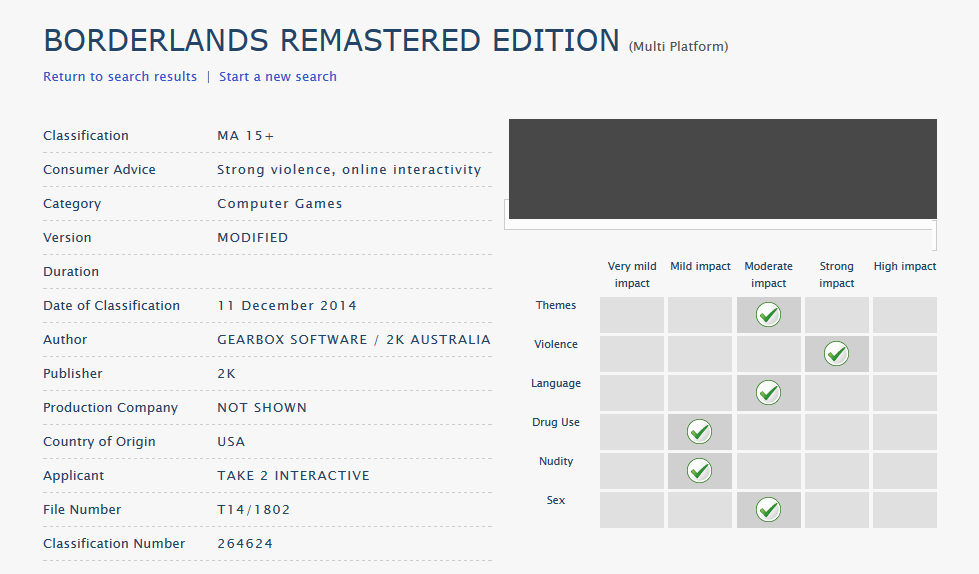 Borderlands Remastered Edition Rated by the Australian Classification Board