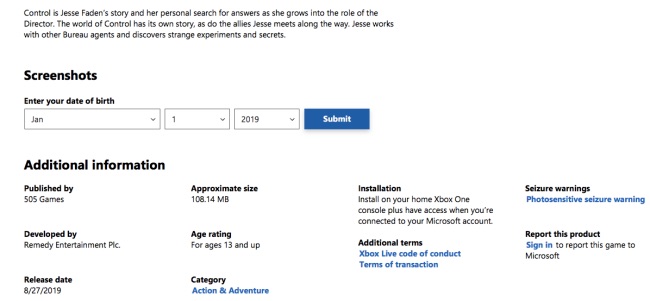 Control Release Date Possibly Leaked on Microsoft Store