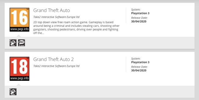 Grand Theft Auto and Grand Theft Auto 2 PS3 Versions Rated by PEGI