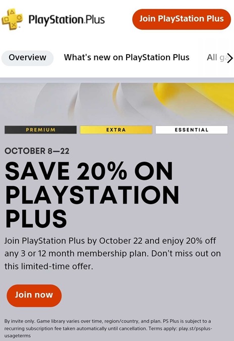 PS Plus Discount for October 2024 Offers 20% Off